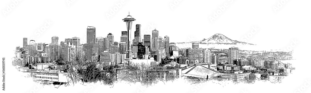Seattle skyline ink sketch illustration. Stock Illustration | Adobe Stock