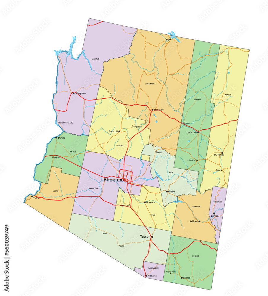 Arizona - Highly detailed editable political map with labeling. Stock ...