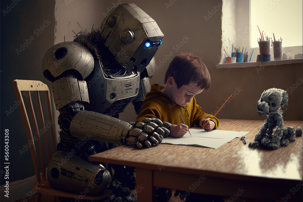 Child Creating Art as Robot Observes, Vray-inspired Realistic ...