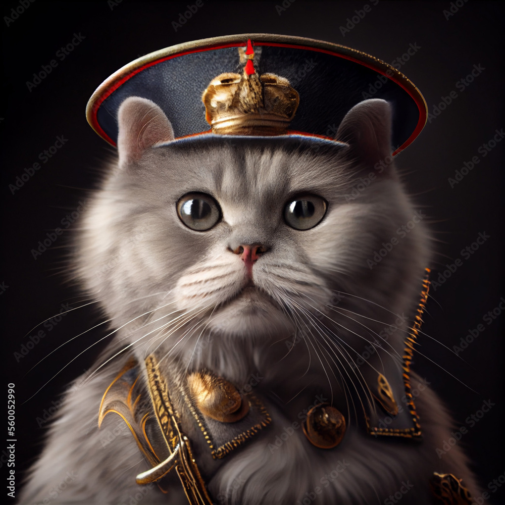 Portrait with Fluffy Cat Dressed Up as General, Tsar or Imperator. Cat ...