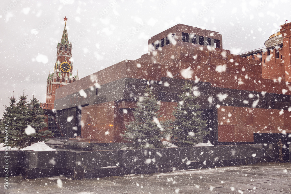 Red Square in the Russian city of Moscow with a view of the mausoleum ...