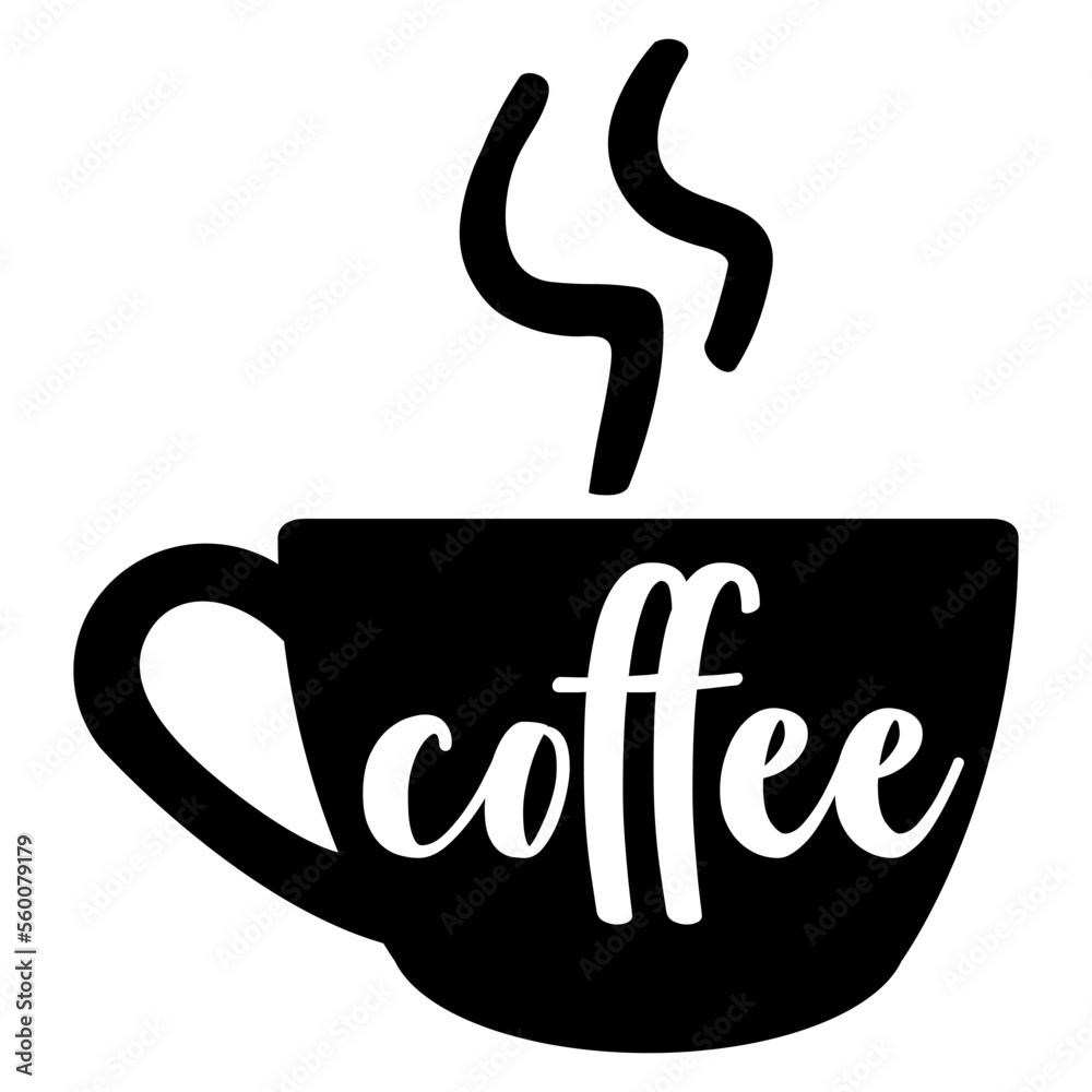 Logo aislado con palabra coffee en texto manuscrito en silueta de taza ...