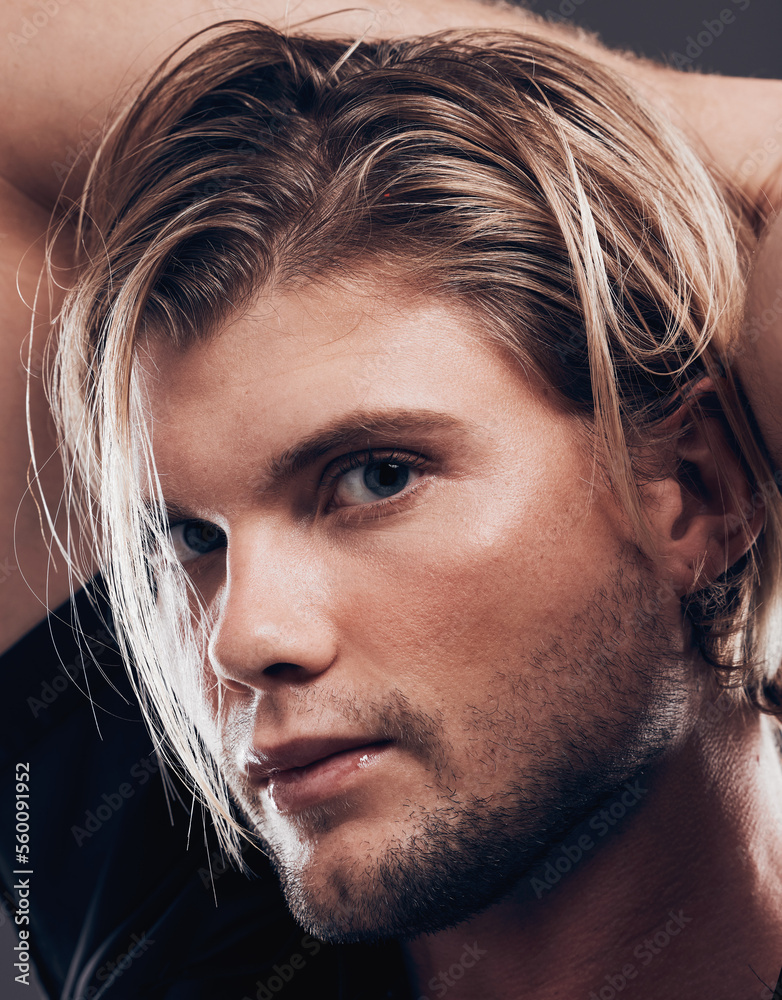 Beauty, fashion and portrait of man with designer cosmetics, jewellery ...