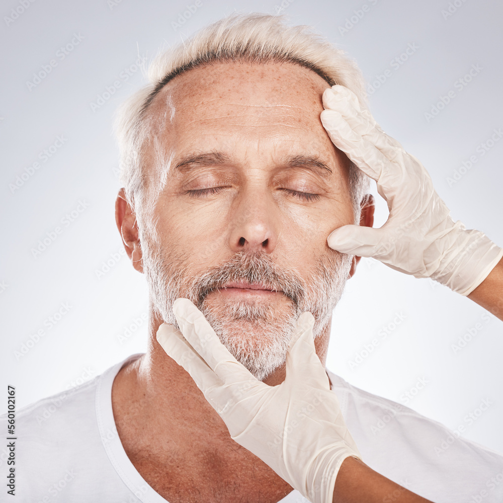 Man, face or plastic surgeon hands on studio background for skincare ...