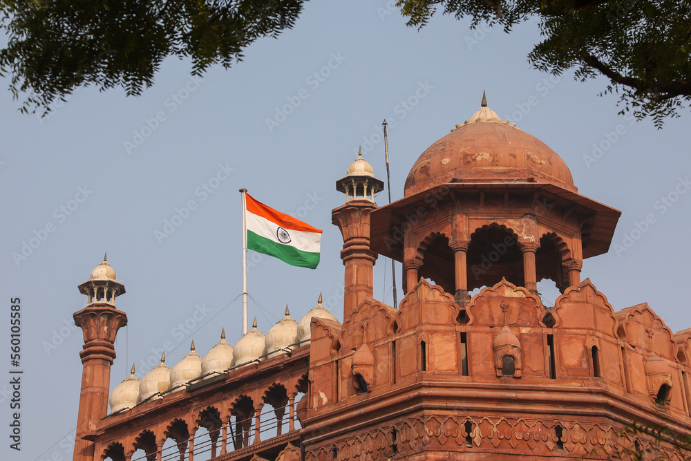 Red Fort Lal Qila with Indian flag flying. Delhi, India. Tricolor Flag ...