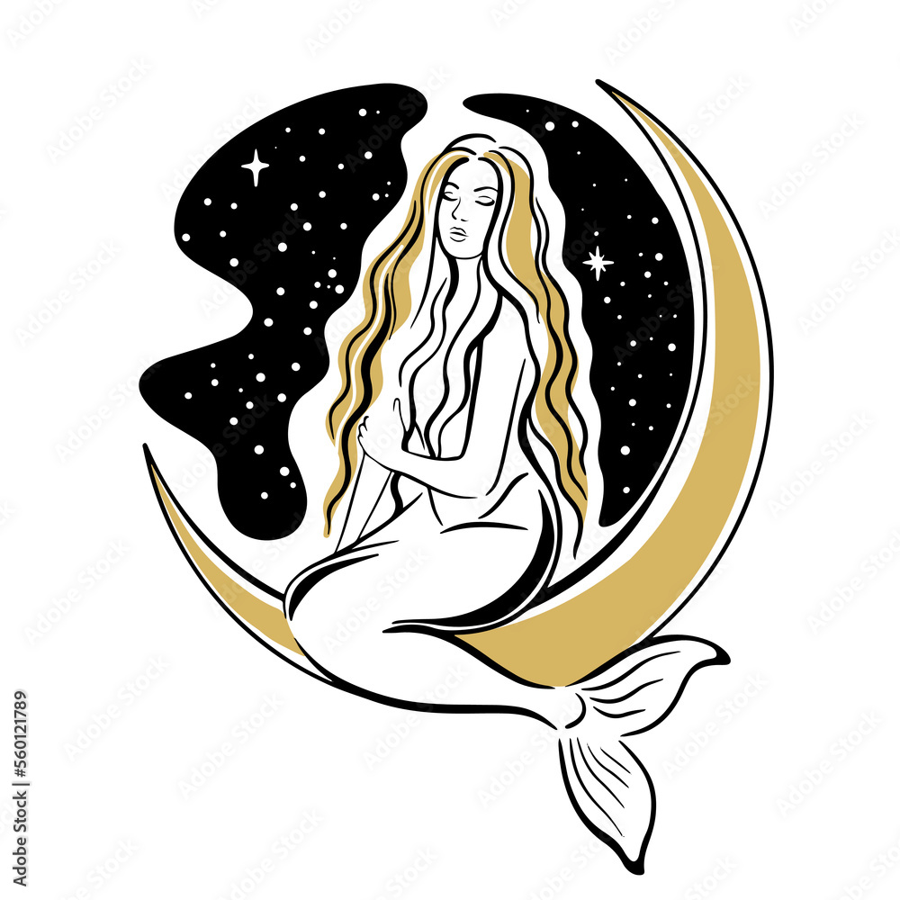 Mermaid Celestial Girl. Mysterious portrait lady girl with moon in her ...