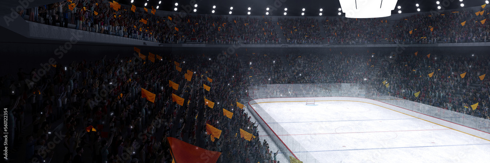 Side aerial view. 3D model of empty ice rink stadium arena for sport ...