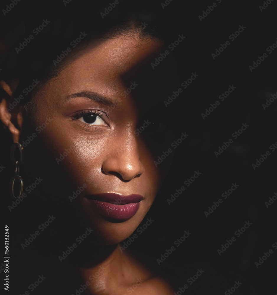 Shadow, black woman and portrait of beauty, makeup and creative ...