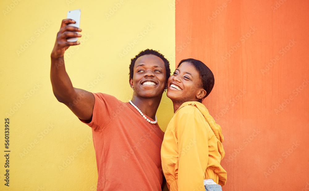 Gen z, young black couple happy in selfie with smartphone and ...