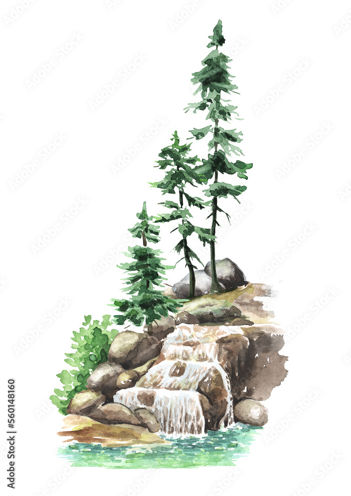Forest Waterfall, Hand drawn watercolor illustration isolated on white ...