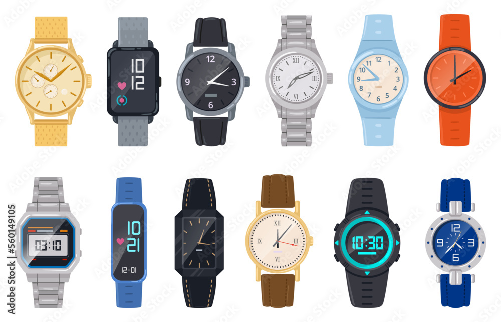 Cartoon wristwatches. Gold and silver hand clocks, quartz analog and ...