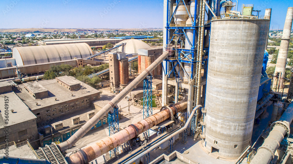 Industrial plant top view. Cement plant, raw material processing ...