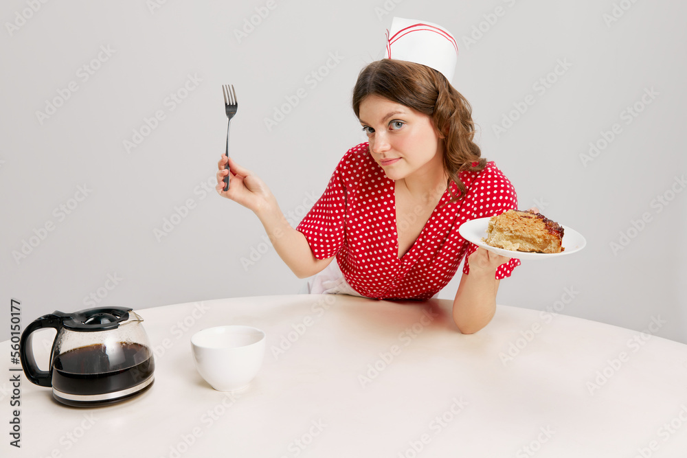 Portrait of young female waitress, sensual woman in retro american ...