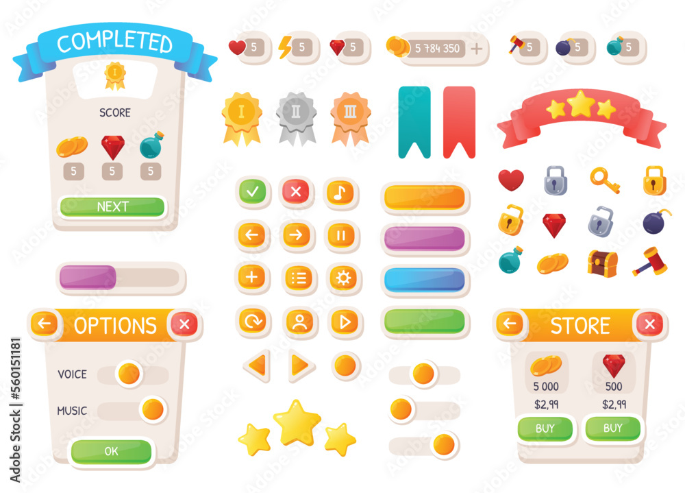 Game UI buttons. Mobile application or game interface elements. Cartoon colorful design ...