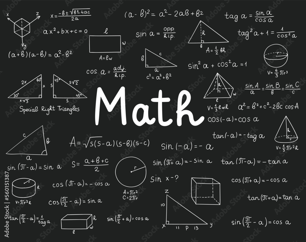 Maths doodle. Hand drawn mathematics formulas on chalkboard for ...