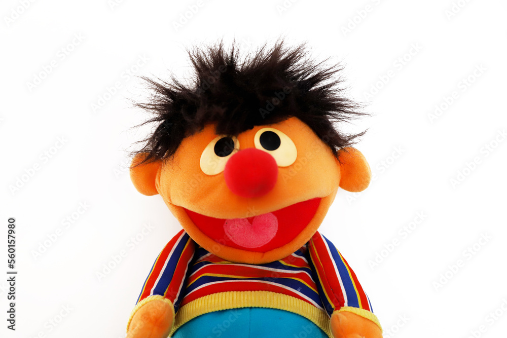 Ernie. Sesame Street character. muppets. Toy. Cloth doll. Isolated ...