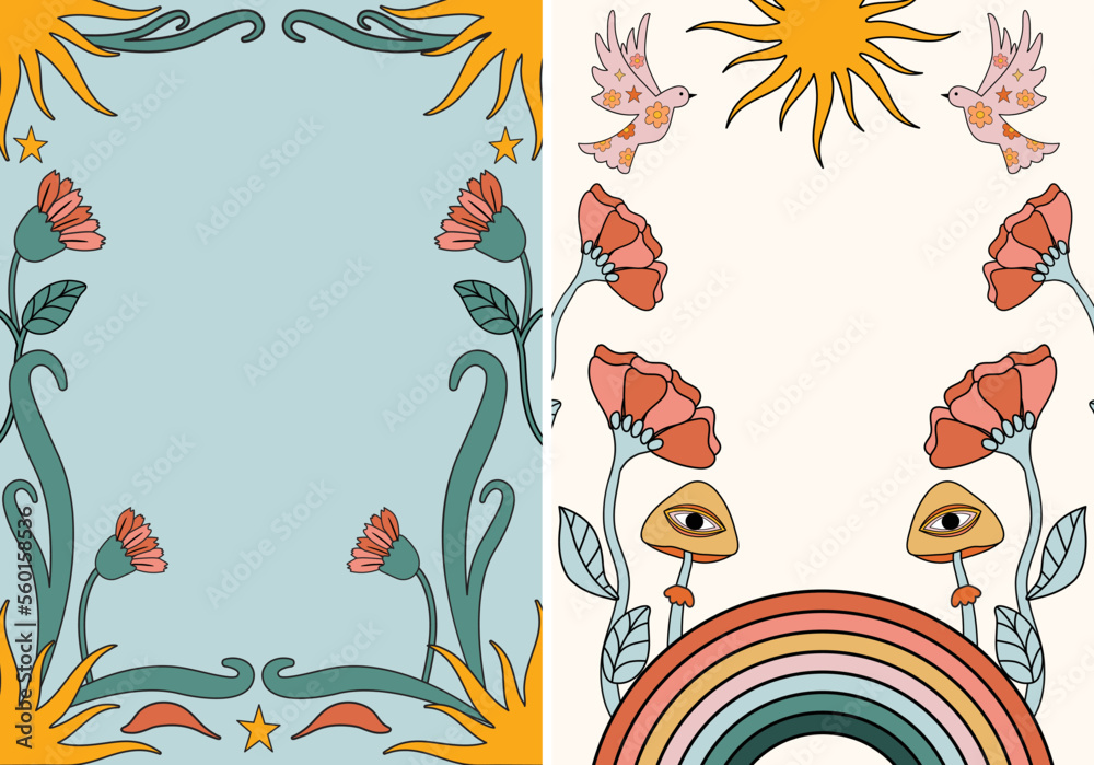 Groovy psychedelic hand drawn floral background for Posters Wall art ...