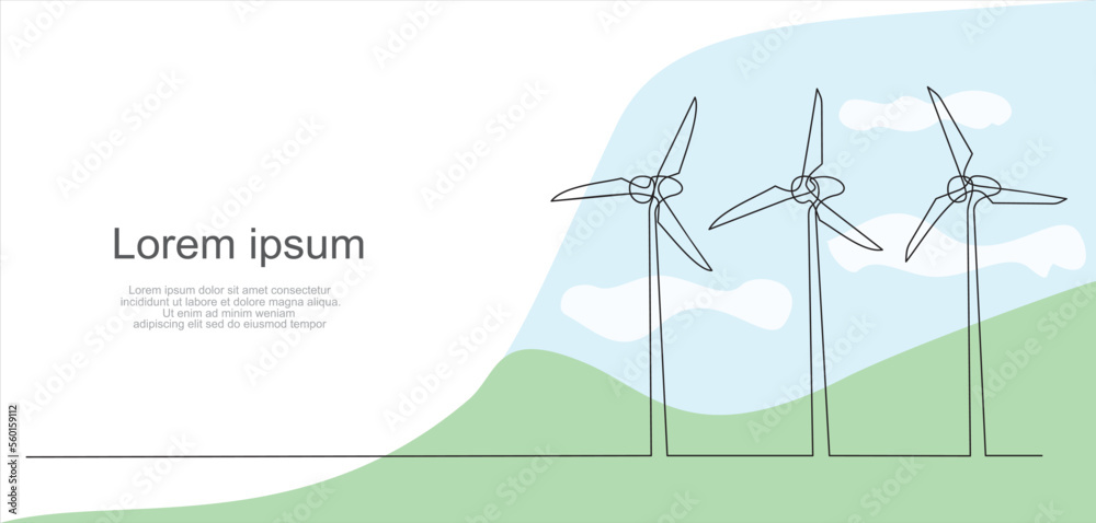 Wind energy in continuous line art drawing style. Wind turbines ...