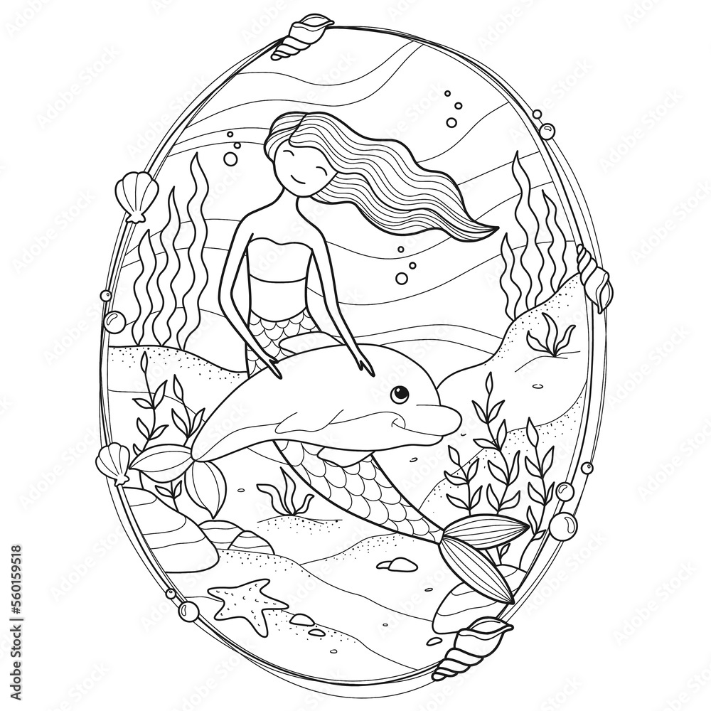 Mermaid coloring page. Underwater world coloring book. Fish contour ...