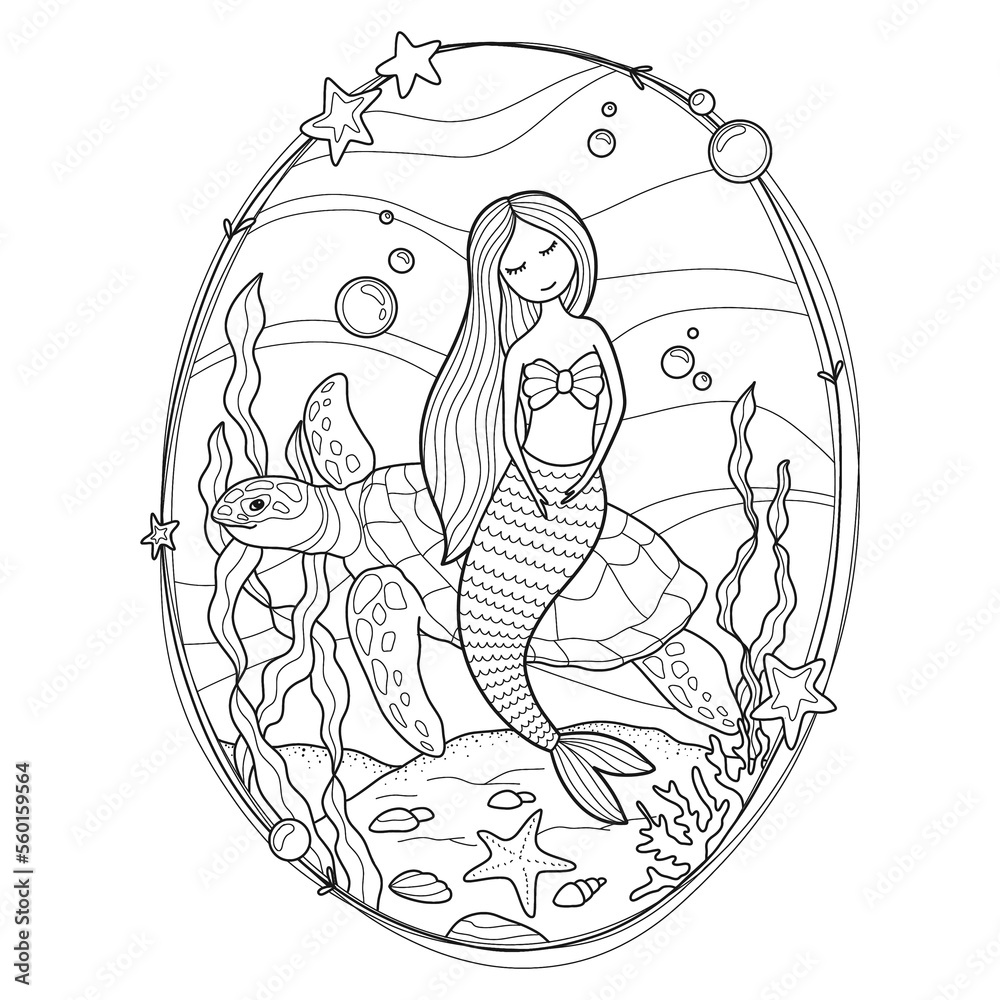 Mermaid coloring page. Underwater world coloring book. Fish contour ...