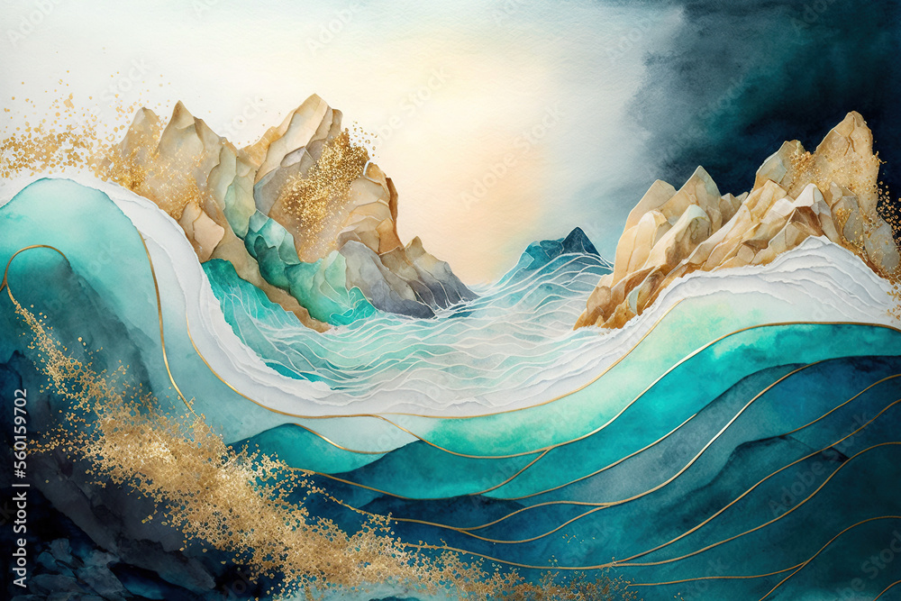 Abstract mountains and ocean waves, design for prints, postcards or ...