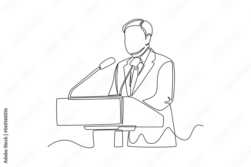 Continuous one line drawing The president stands behind the rostrum and ...