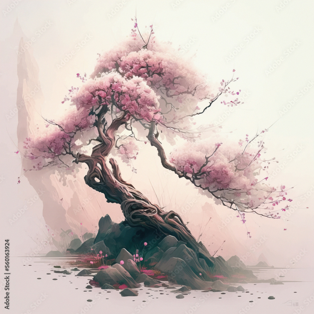 Spring tree nature illustration, blossom Japanese sakura, wooden trunk ...