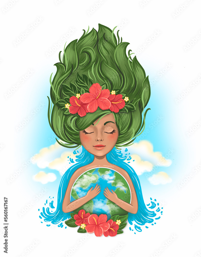 Mother Earth - woman portrait and with earth in her hands, green hairs ...