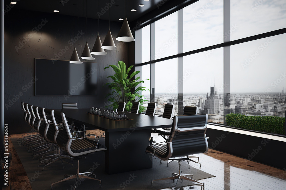 A contemporary, large conference room with a black wall, a large wooden ...