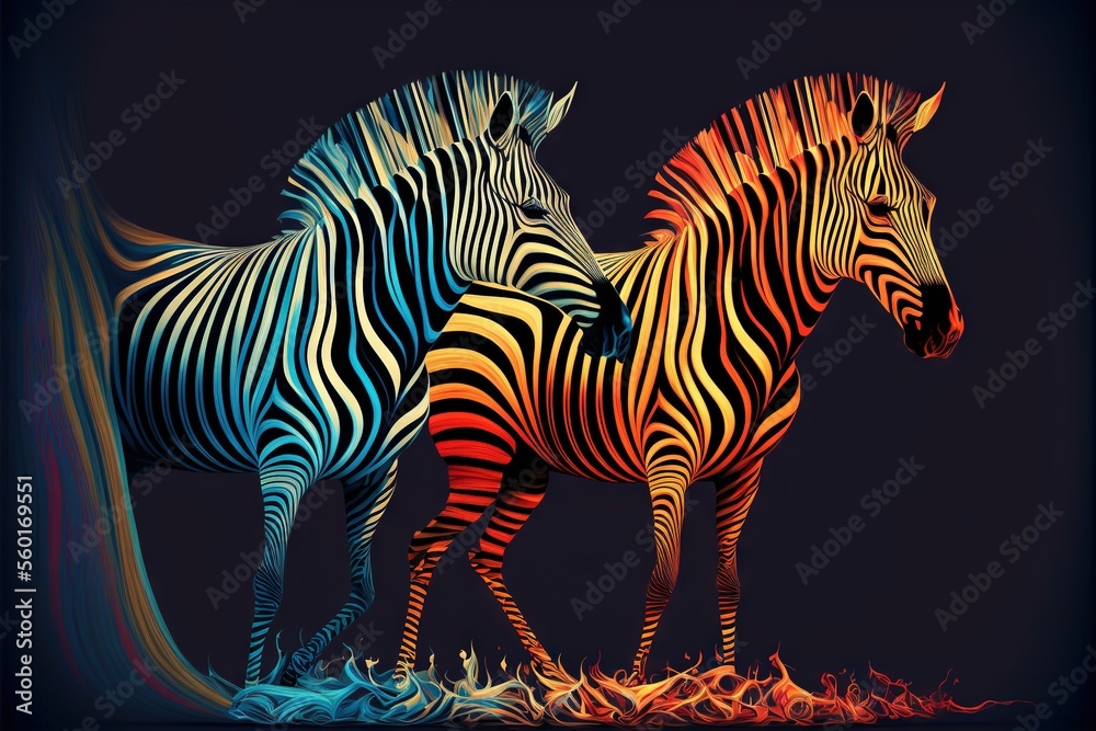 two zebras standing next to each other on a black background with a red ...
