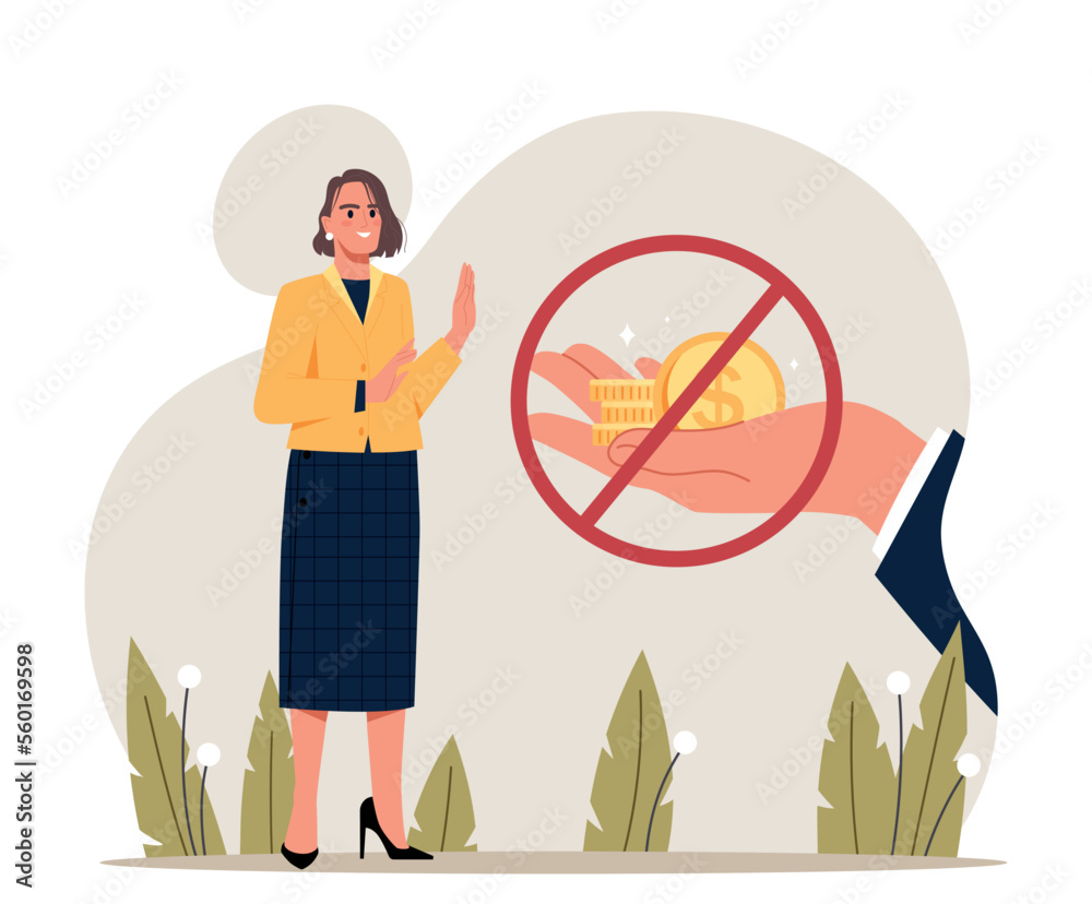 Anti corruption concept. Woman refuses bribe, honesty and law enforcement, democracy and state ...