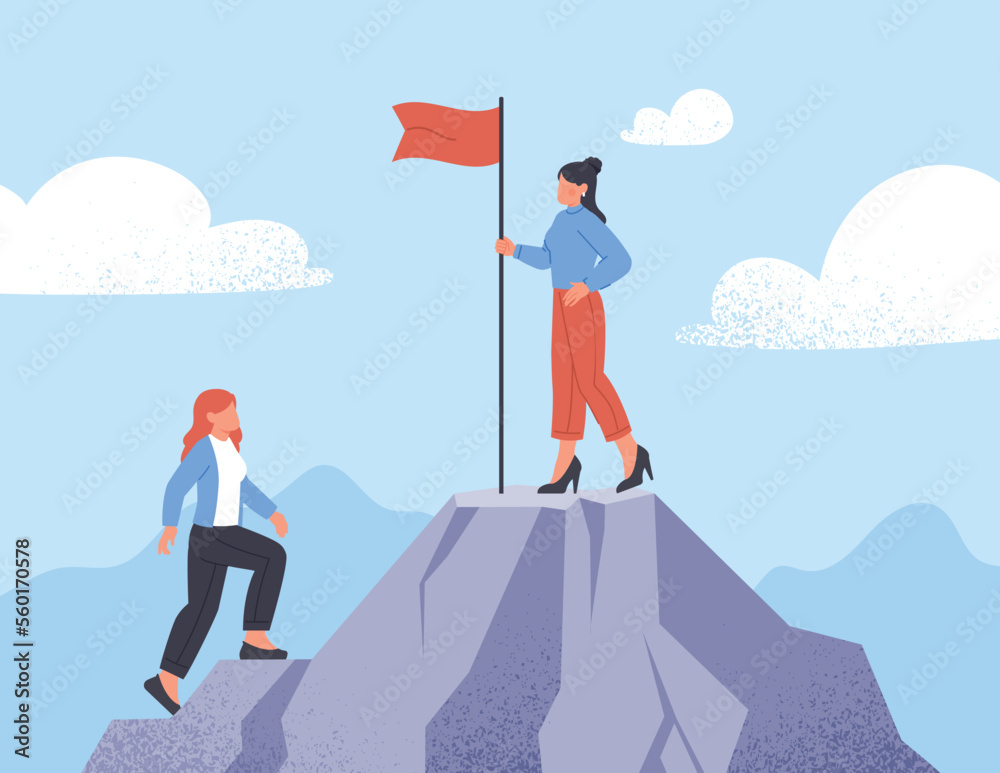 Reaching goal concept. Man and woman next to red flag on top of ...