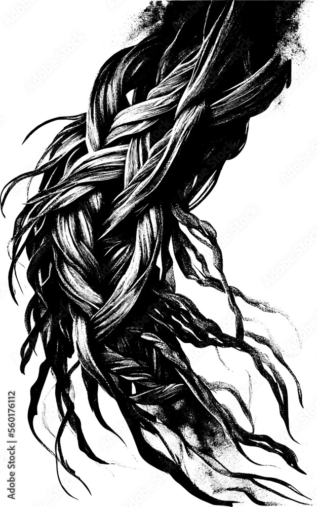 Black and white vector sketch illustration of braid fluttering in the ...