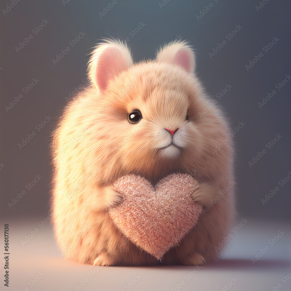 Cute fluffy rabbit hugging red heart. Valentine's Day greetings from ...