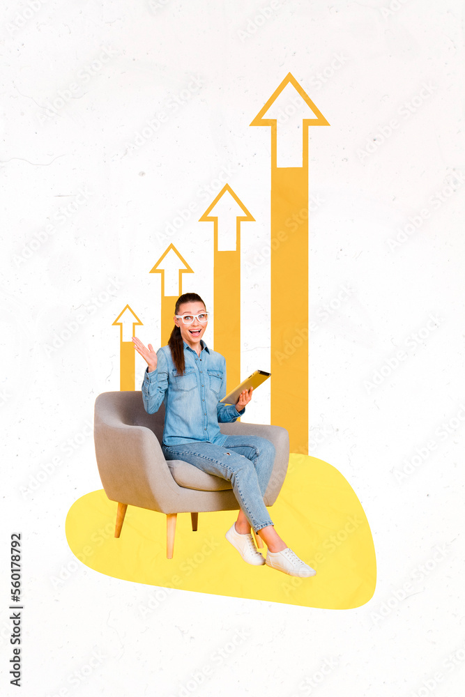 Vertical collage picture of excited positive girl sit chair use tablet painted arrows upwards ...