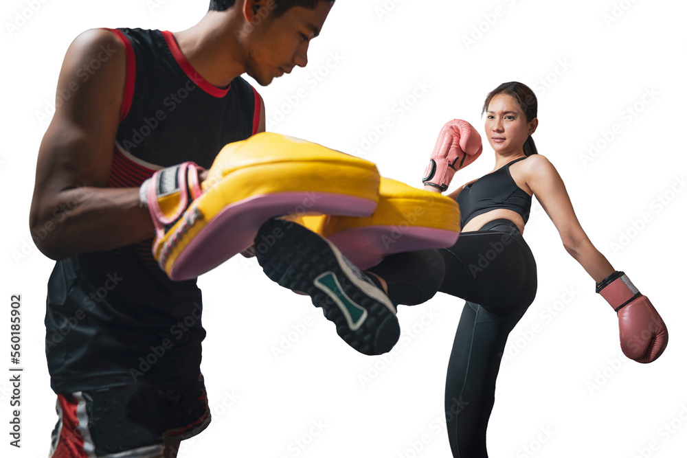 Asian beautiful young woman exercise with trainer at boxing gloves and ...