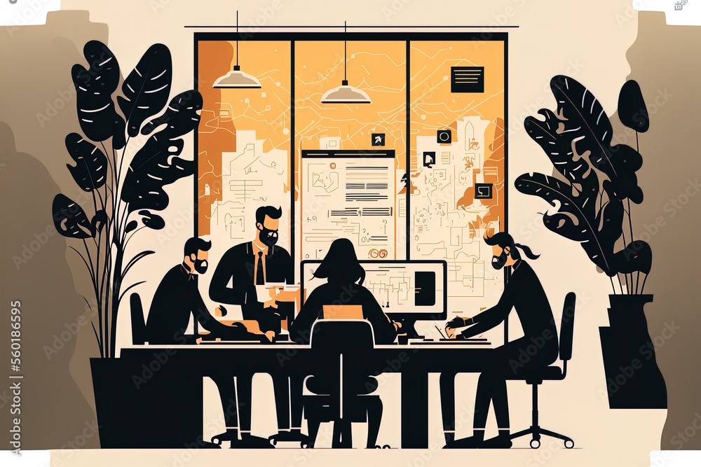 Working environment at an office with interactions among team members ...