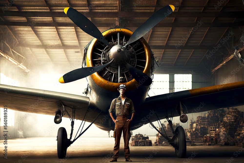 vintage aircraft with propeller stands in hangar and pilot in front of ...