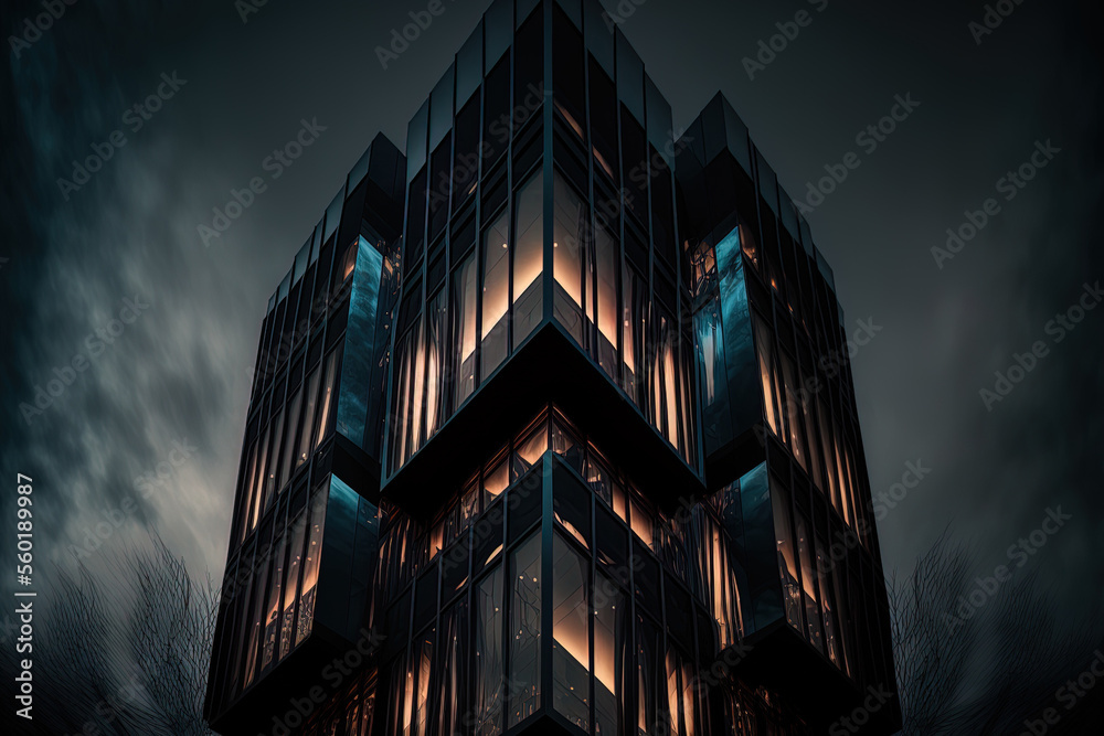 Vertical low angle photograph shows a tall, dark structure with glass ...