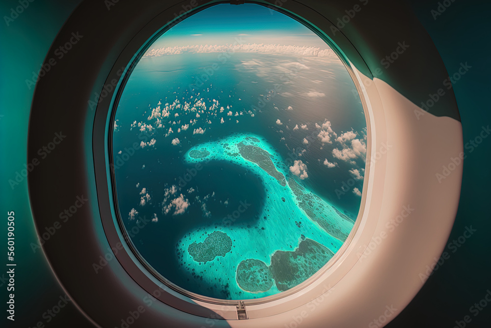 Top view of the Maldives islands as seen from an aircraft window with ...