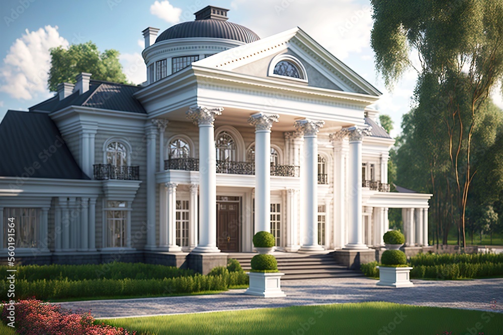 luxurious suburban mansion with veranda and columns in american style ...