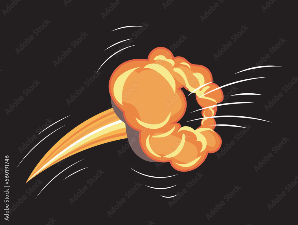 Bomb explosion effect with fire cloud and burning motion trail. Vector ...