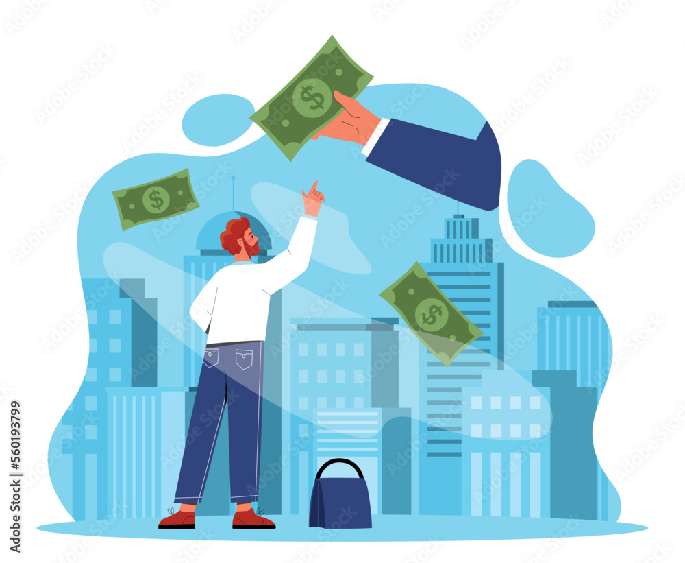 Money manipulation concept. Man looks at large hand with banknotes ...