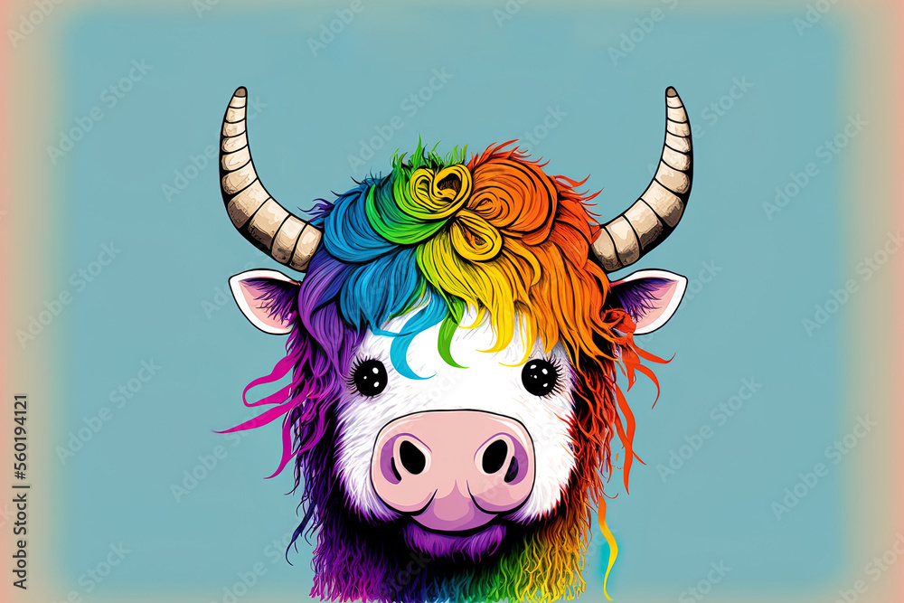 Cute cow (Hairy Coo) wearing headphones with unicorn horns and long ...