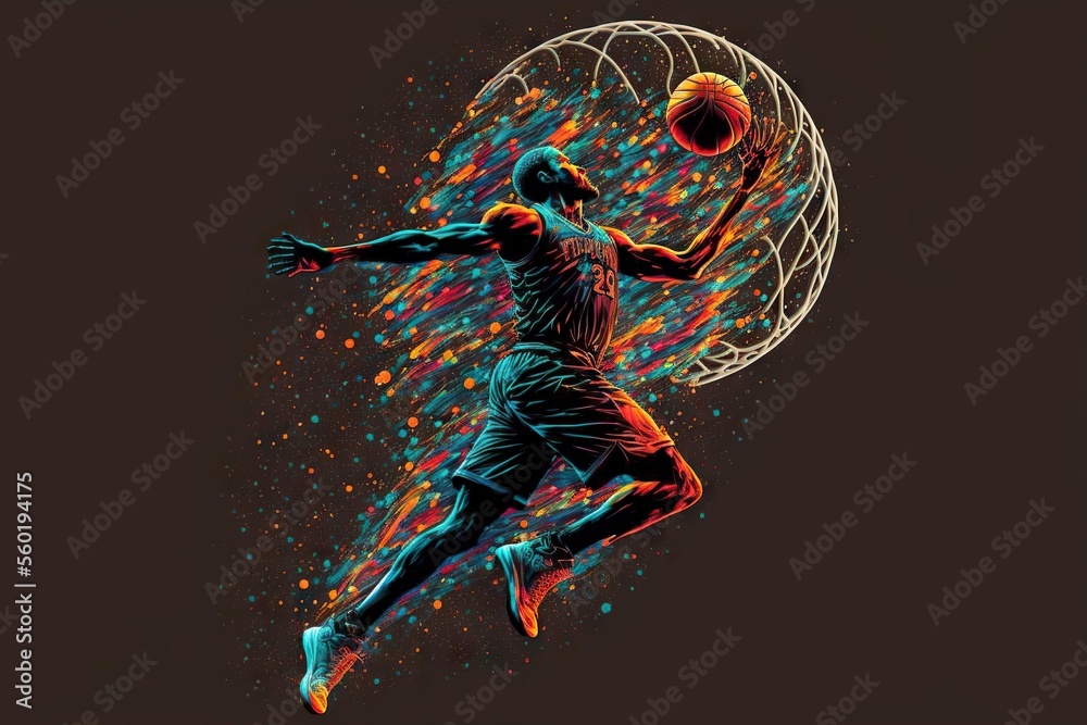 basketball player in sports uniform jumps high and throws ball into ...