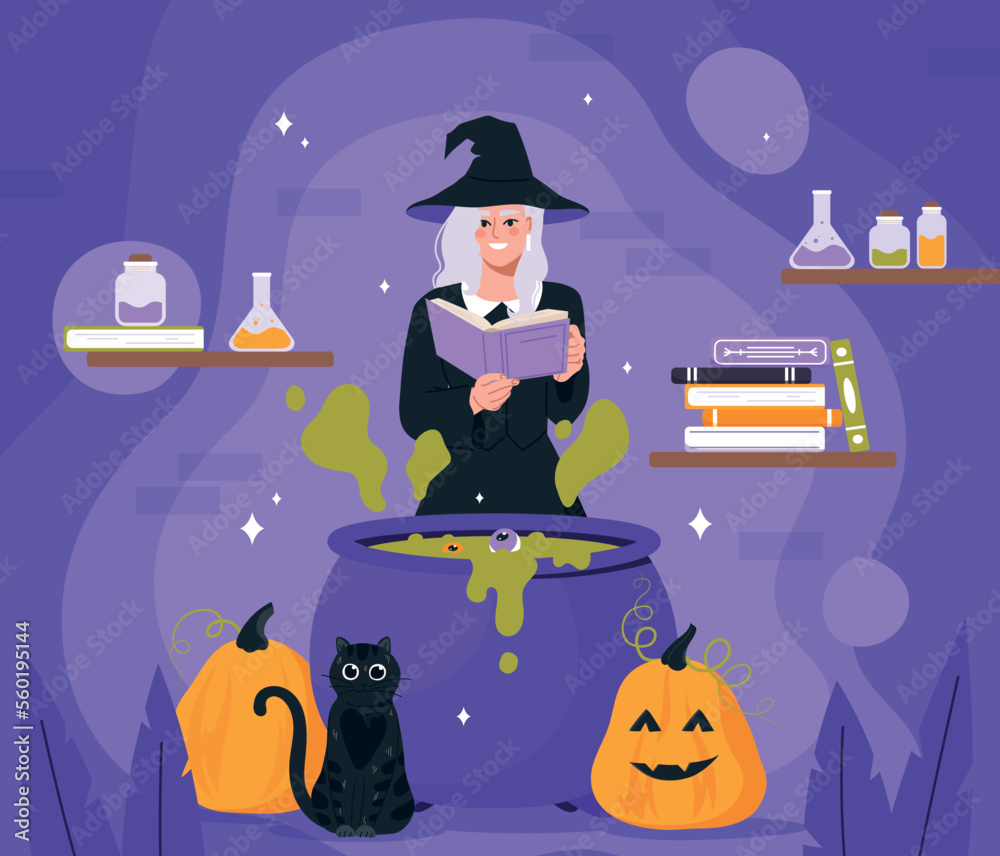 Halloween hocus pocus. Witch with book stands in front of potion and ...