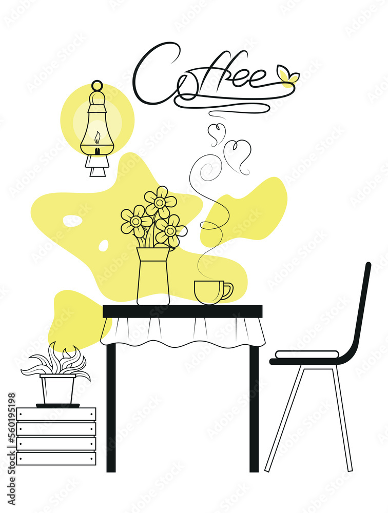 Outline drawing with an inscription.Coffee table. Table setting. Table ...