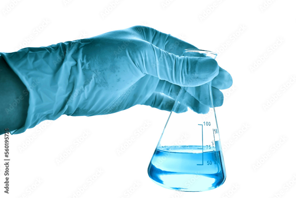 Flask in scientist hand in blue tone on transparent background Stock ...