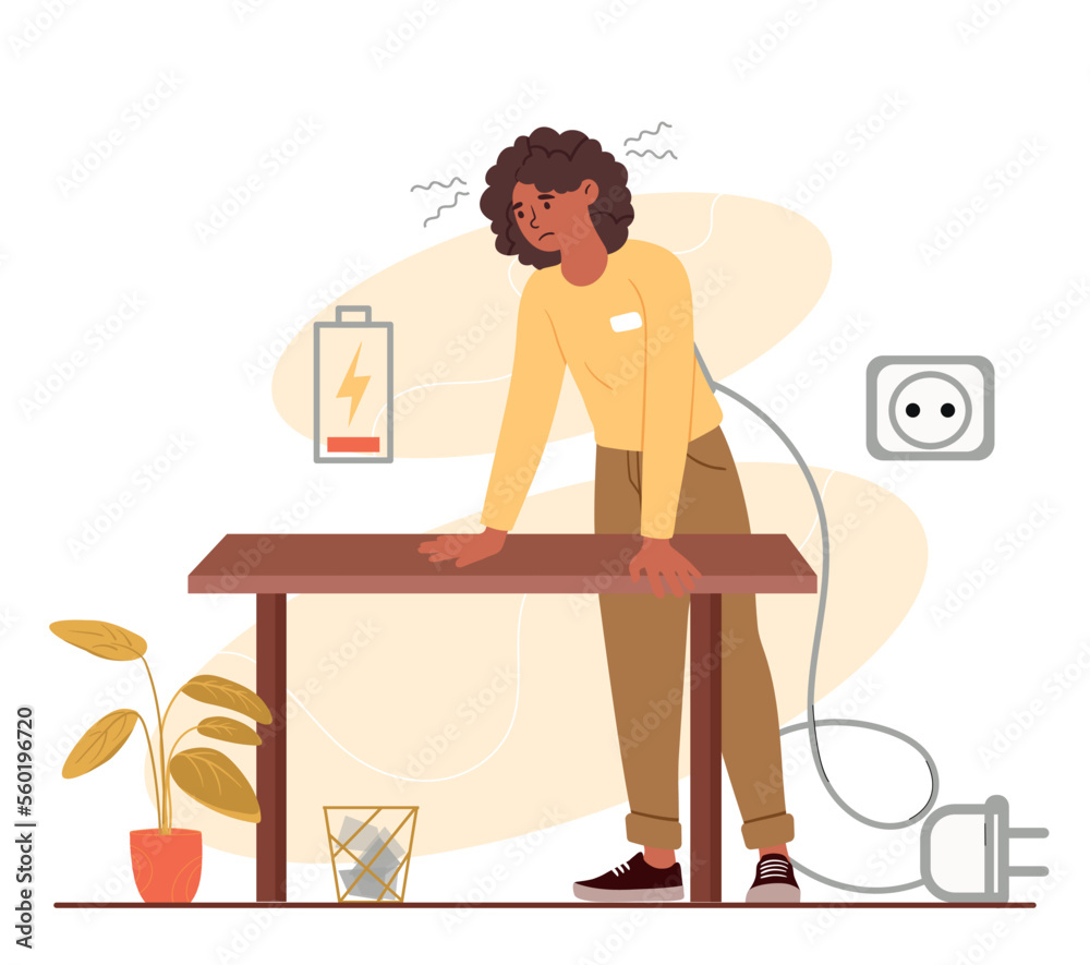 Woman recharges concept. Young girl with low energy. Mental health and ...