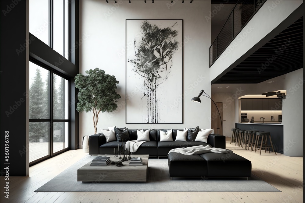 A modern living room, in a minimalist millenium crib, high ceiling and ...